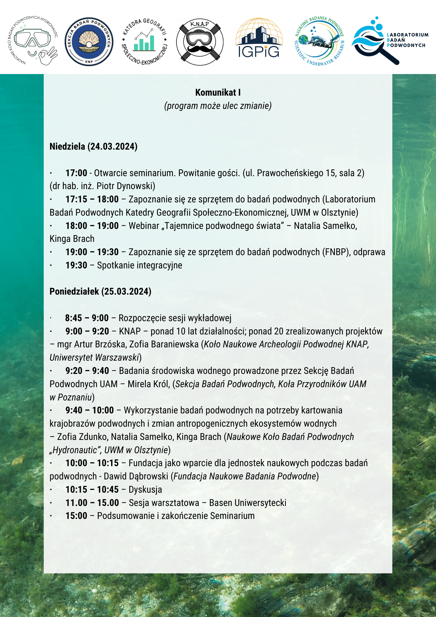 Seminarium naukowe o metodach badań podwodnych | Uniwersytet Warmińsko-Mazurski w Olsztynie